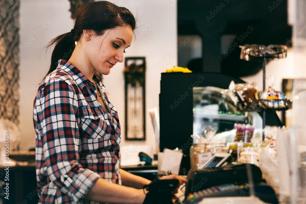 Bakery: Barista Uses Digital Cash Register At Coffee Shop Stock Photo ...