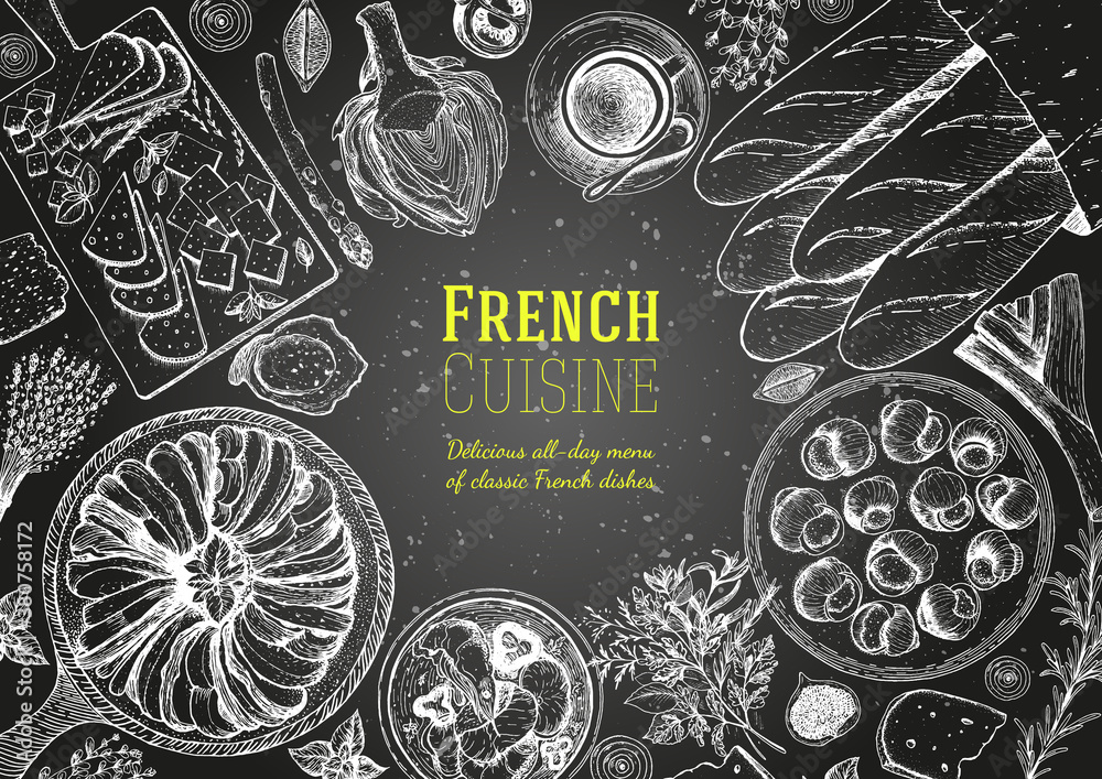 French cuisine top view frame. A set of classic French dishes with ...