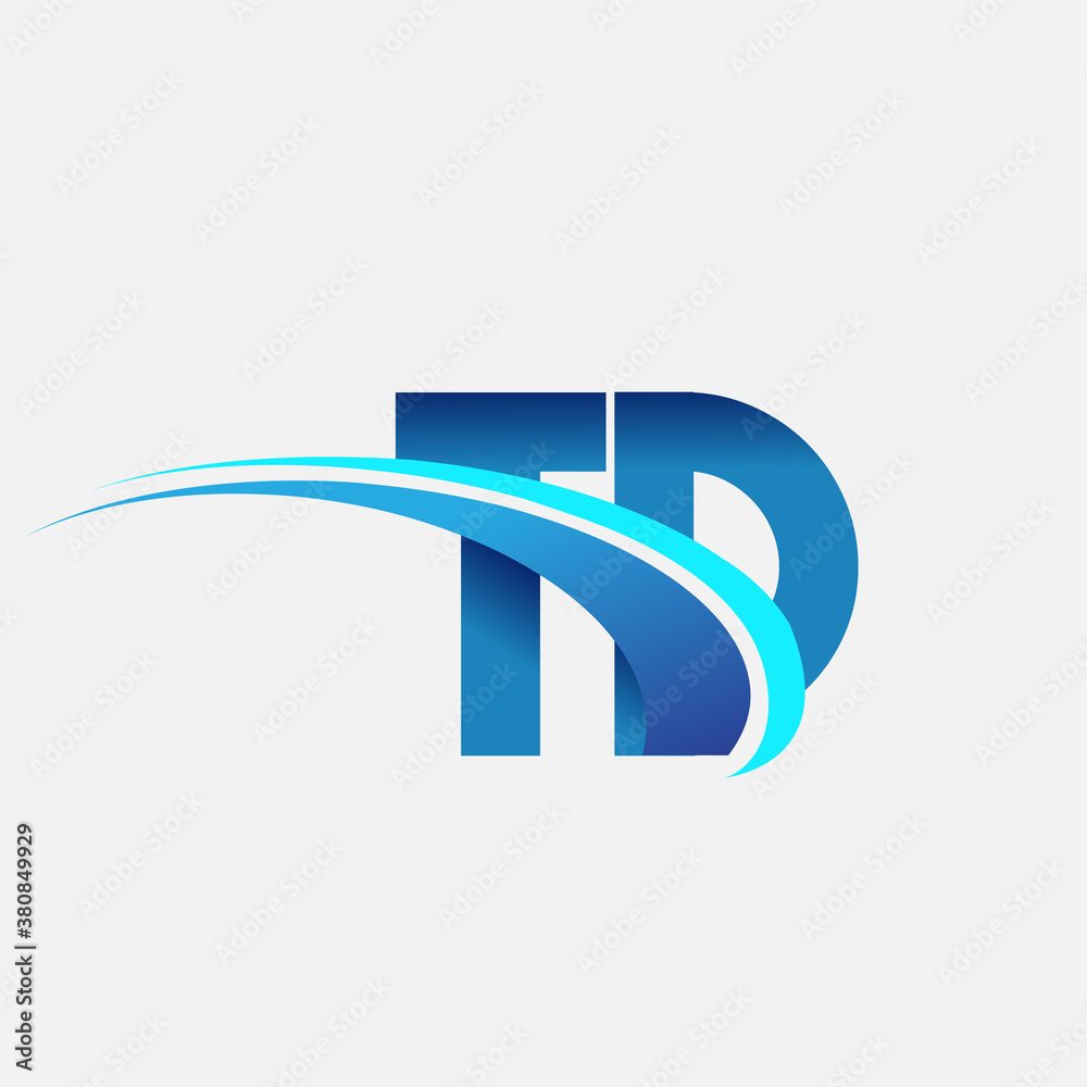 initial letter TD logotype company name colored blue and swoosh design ...