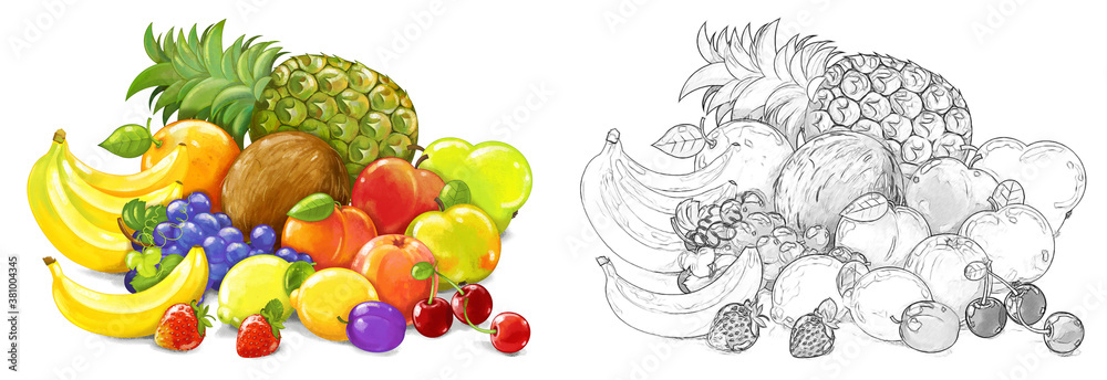 cartoon fruit scene with many different fruit as a meal set on w Stock ...