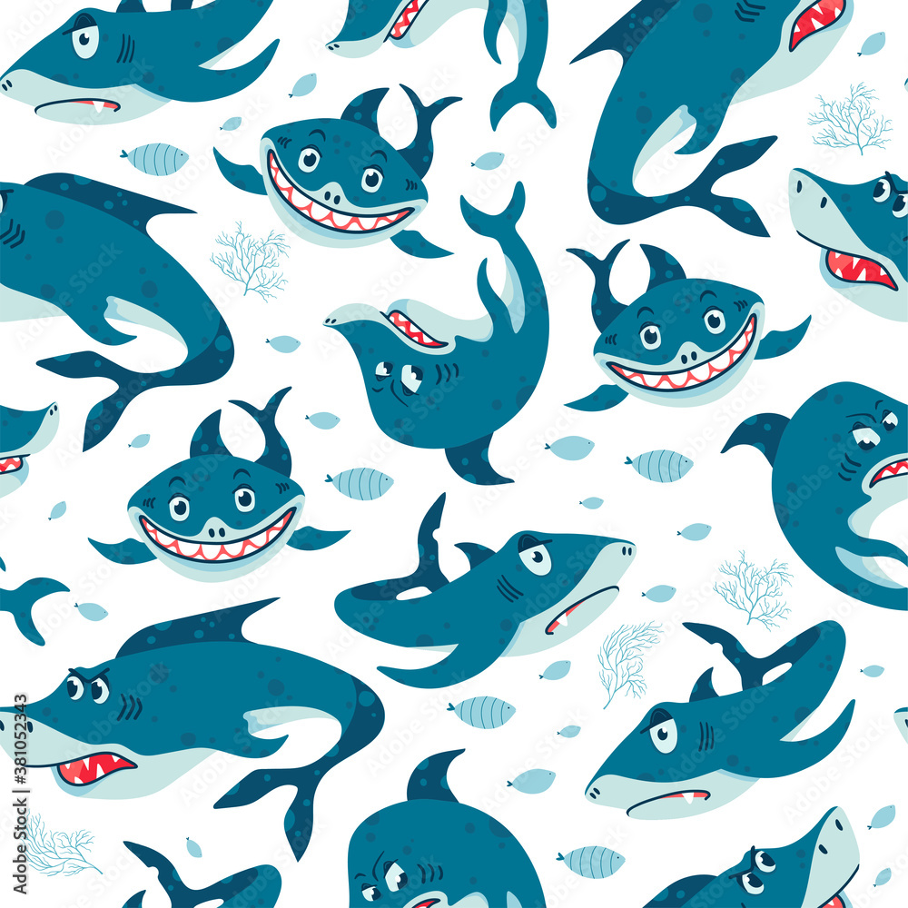 Seamless pattern with Sharks in cartoon style. Comic sharks emotions ...