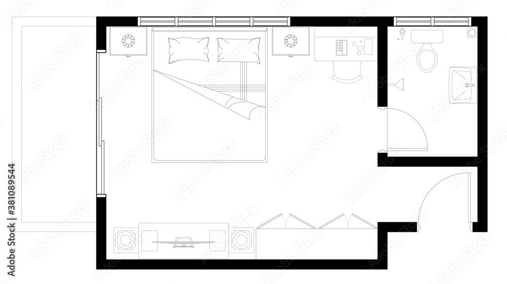 2D CAD drawing of single bedroom layout complete with 1 bathroom and ...
