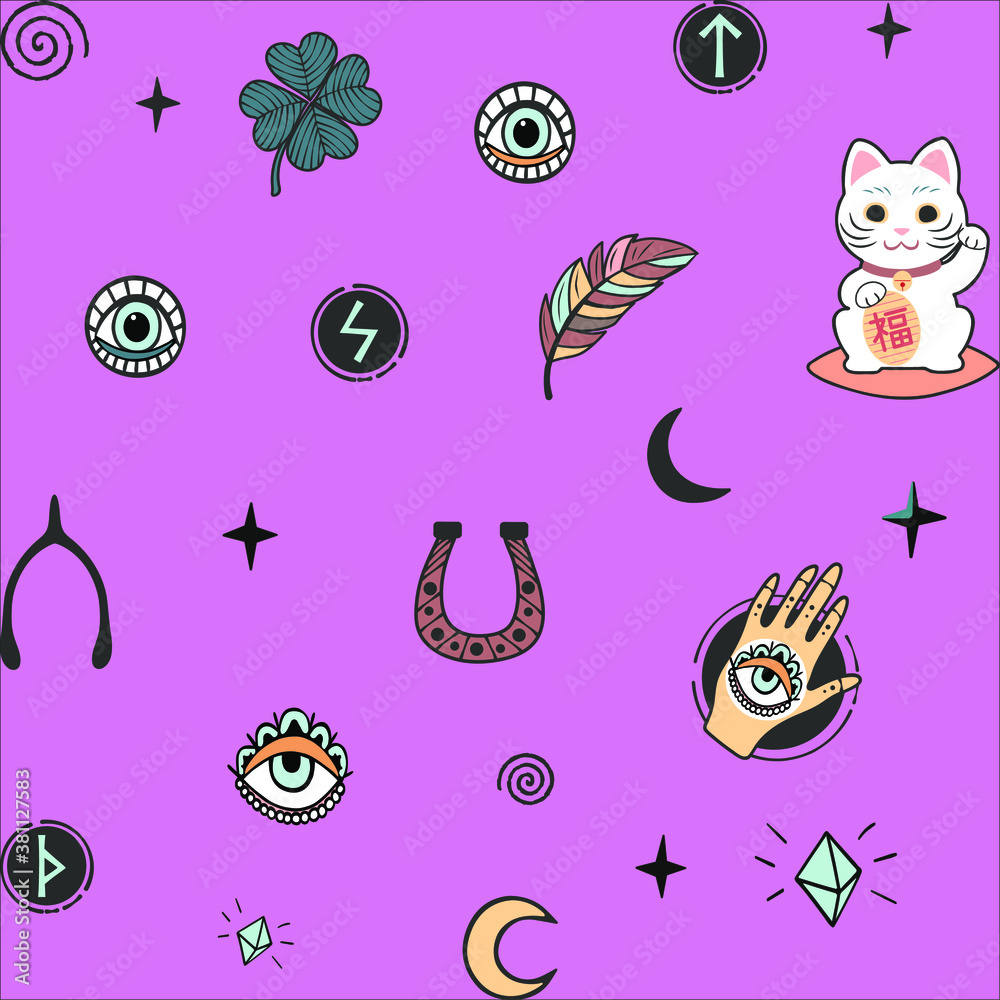 Vector pattern with lucky charms icons symbols isolated on violet pink ...