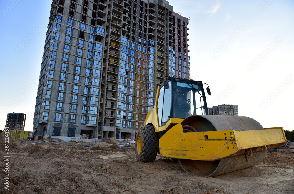 Vibro Roller Soil Compactor Leveling Ground At Construction Site