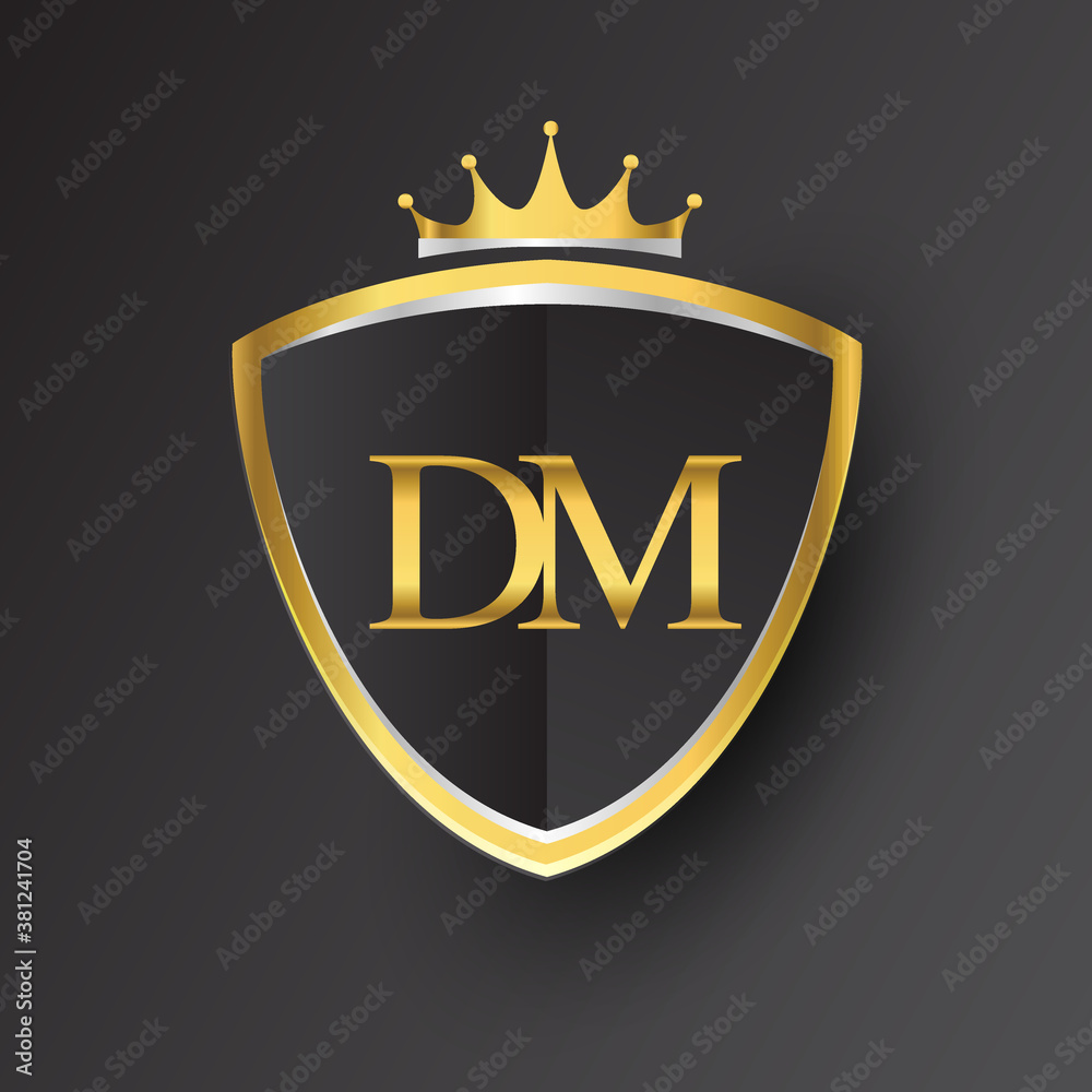 Initial logo letter DM with shield and crown Icon golden color isolated ...