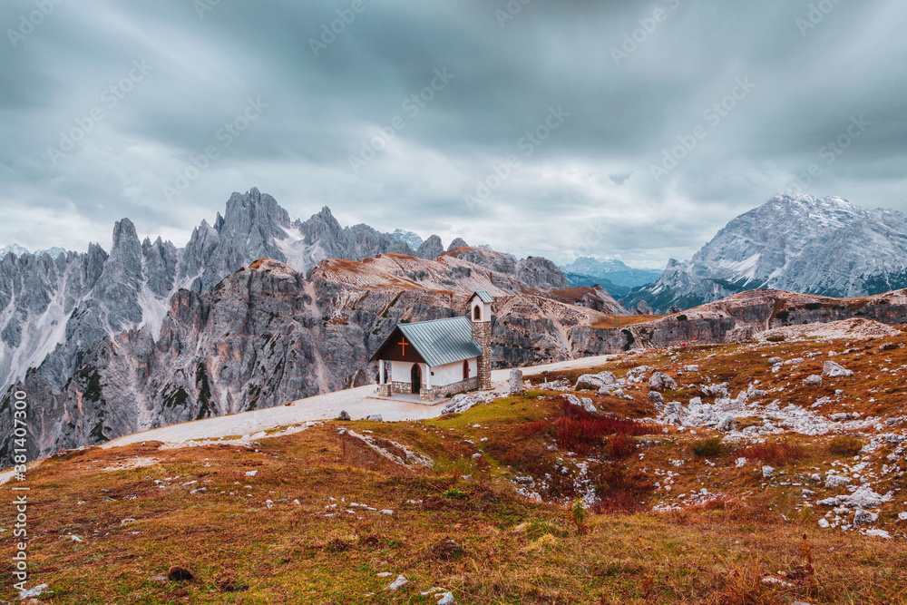 Famous Dolomites giant mountains peaks, and chapel near Drei Zinnen ...