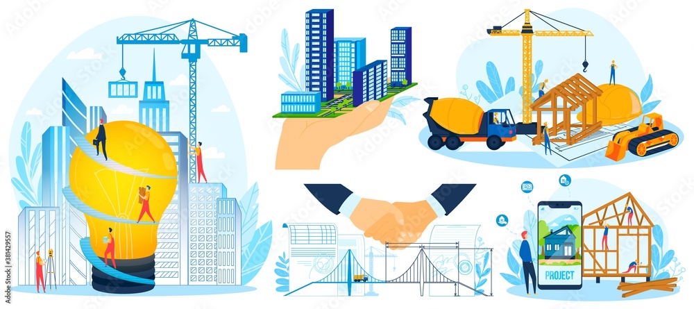 Building construction project design vector illustration set. Cartoon ...
