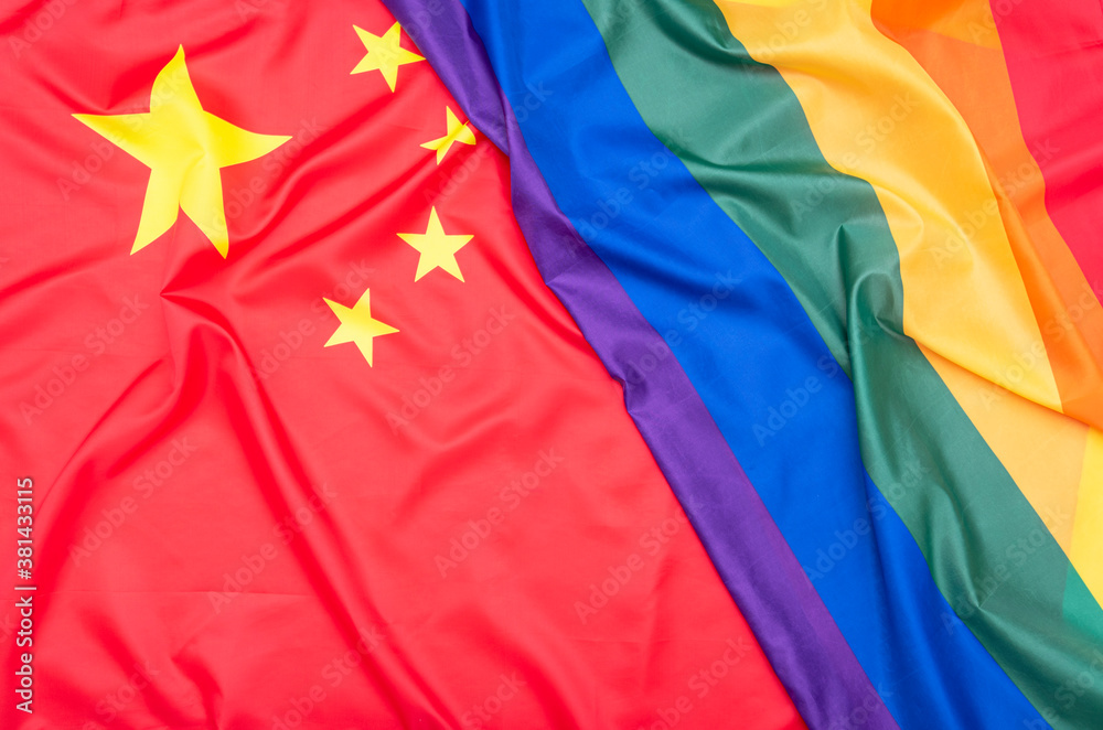 Natural fabric flag of China and LGBT Rainbow flag as texture or ...