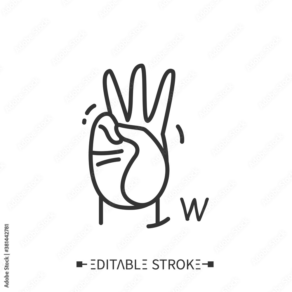 Hand gesture showing letter W line icon.Fingerspelling American sign ...