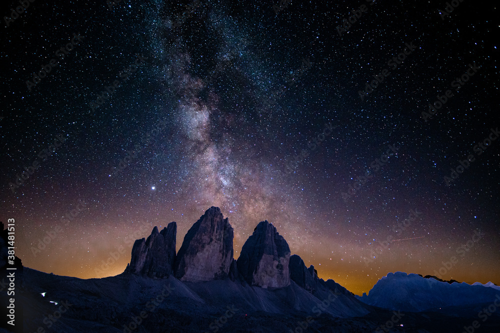 Milky way night sky above the famous mountain range "Tre Cime" in the ...