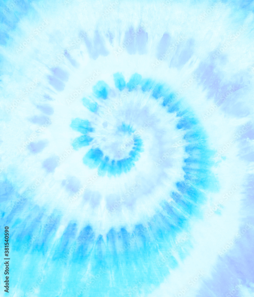 Spiral tie dye pattern. Swirl tie dye wallpaper. Hippie boho tiedye texture backdrop in blue skyblues. Stock Photo Adobe Stock