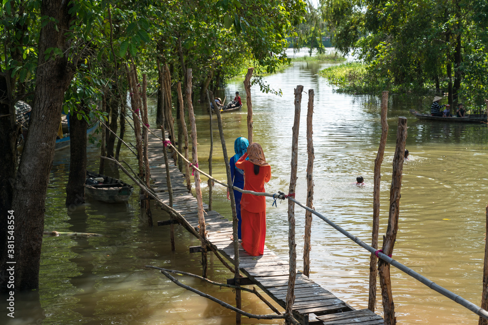 Wooden bridge in floating water season in Mekong delta, southern ...