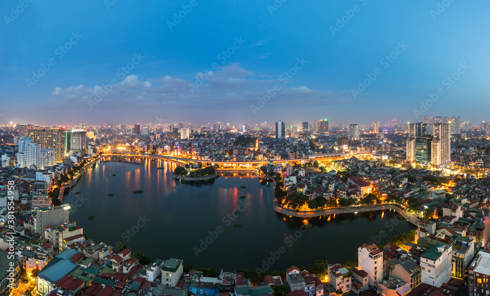 Aerial skyline view of Hanoi. Hanoi cityscape at twilight at Thanh Cong ...