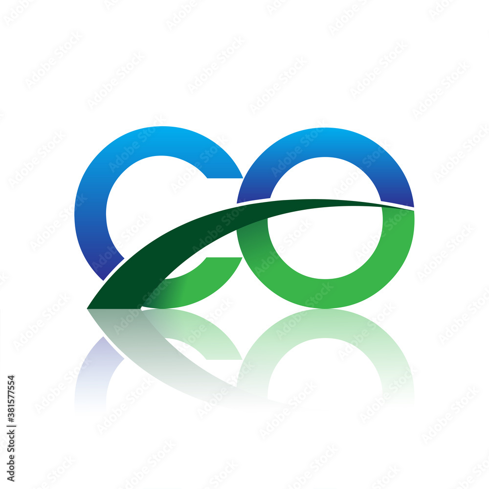 initial letter CO logotype company name colored blue and green swoosh ...