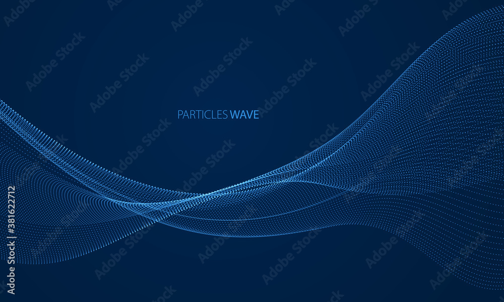 Wave of flowing particles over dark modern relaxing illustration. Round shining dots vector ...