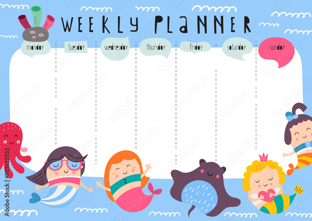 Weekly planner with funny mermaids and sea creatures in doodle cartoon ...