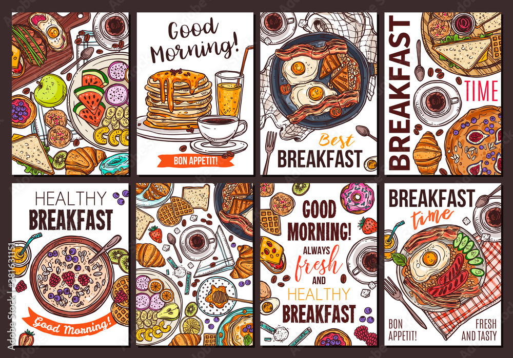 Breakfast dishes hand drawn poster templates set. Traditional American ...