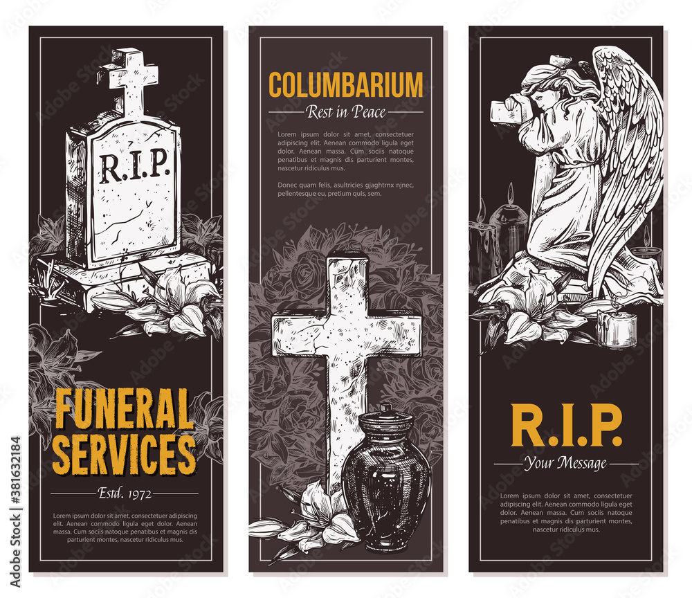 Funeral service vector hand drawn design of banners. Sketch ...