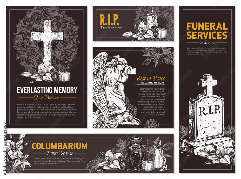 Funeral service vector hand drawn set of banners. Sketch black ...