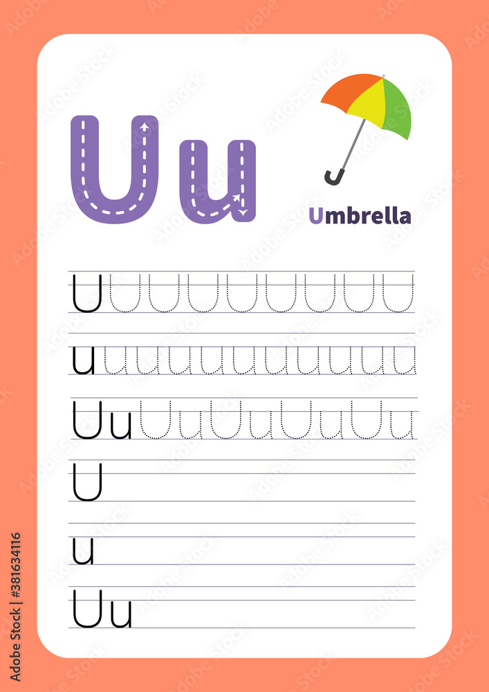 Handwriting practice and alphabet learning. Letter U with a picture of ...