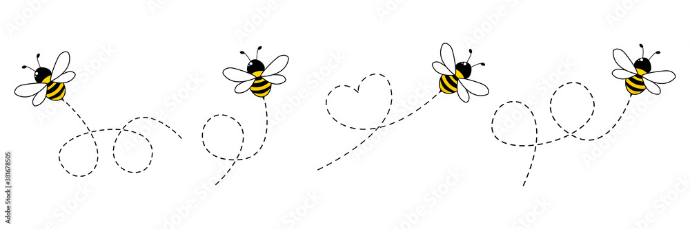 Cartoon bee icon set. Bee flying on a dotted route isolated on the ...