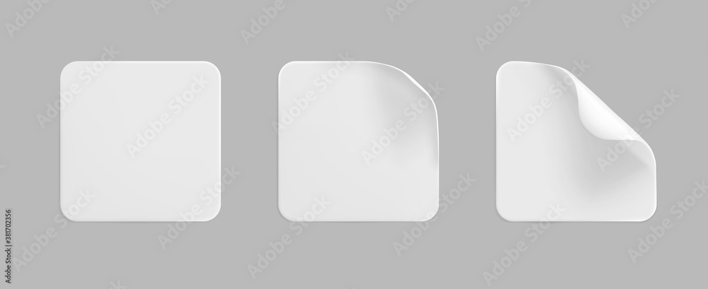 White square glued stickers with curled corners mock up set. Blank ...