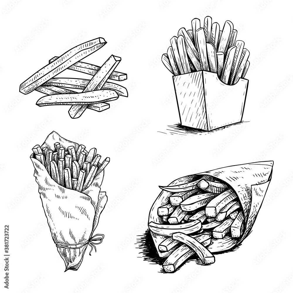 French fries set. Hand drawn sketch style illustrations of street fast ...