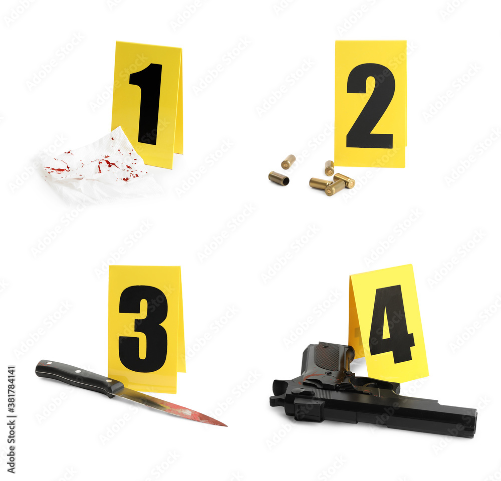 Crime scene investigation. Set of evidence identification markers and ...