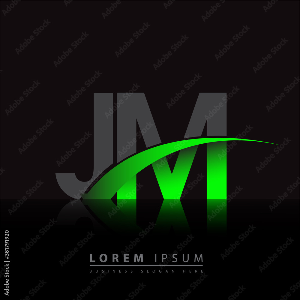 initial letter JM logotype company name colored green and black swoosh ...