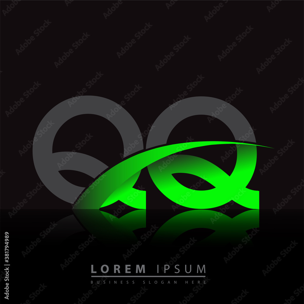 initial letter QQ logotype company name colored green and black swoosh ...