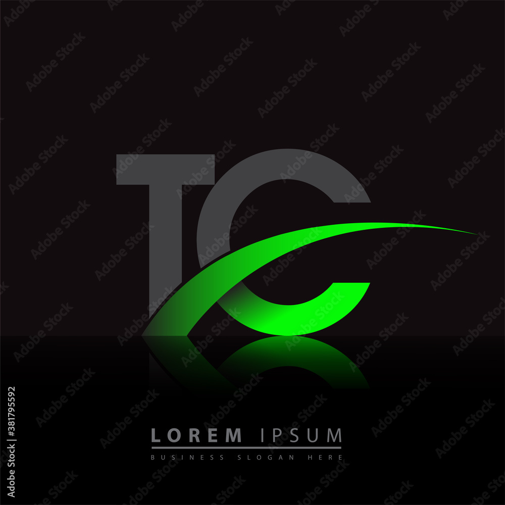 initial letter TC logotype company name colored green and black swoosh ...