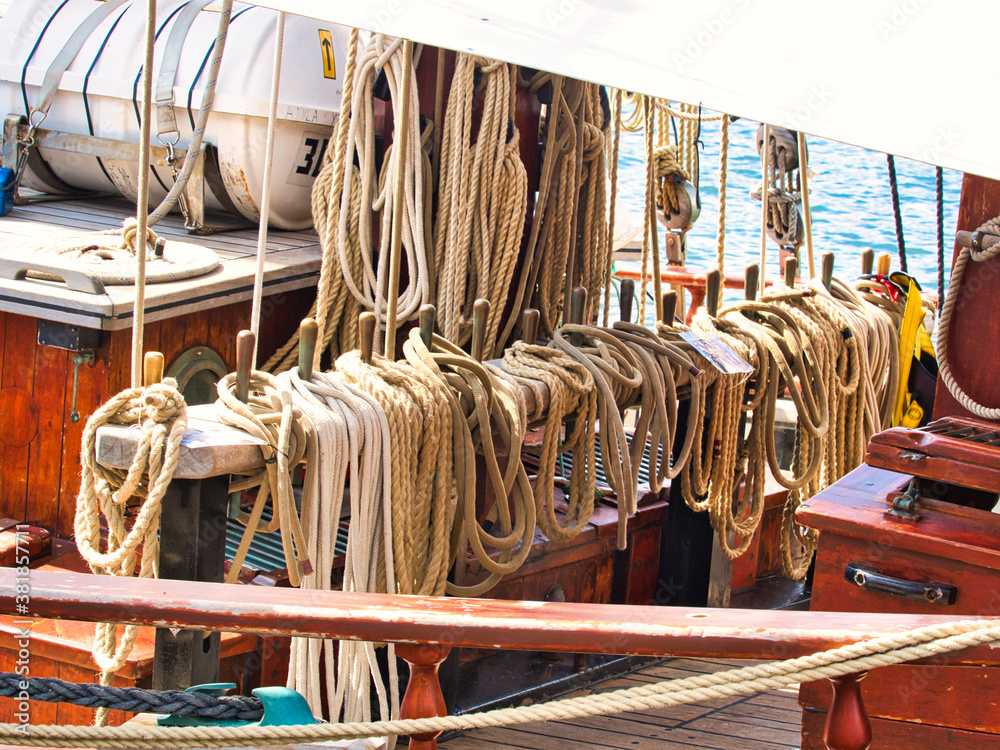 Nautical tackles and equipment of the old tall ship. Rigging ropes and ...