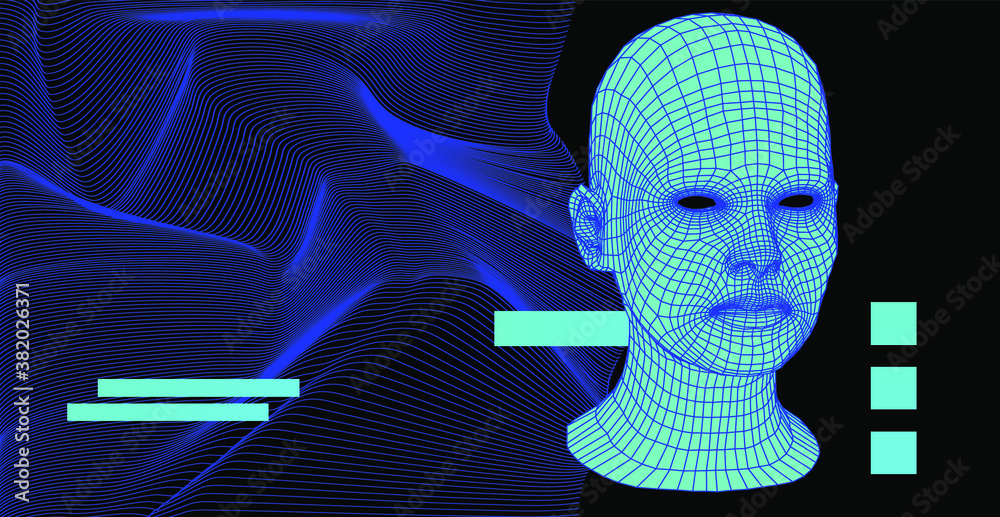 3D human face structure made of grid. Vaporwave and retrowave style ...