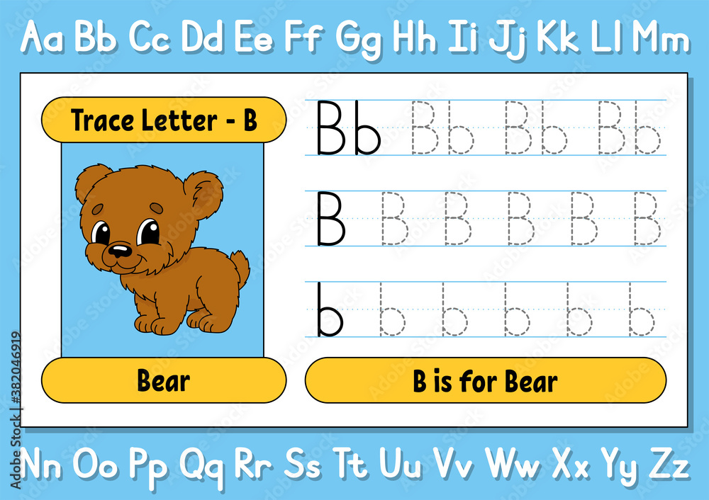 Trace letters. Writing practice. Tracing worksheet for kids. Learn alphabet. Cute character ...
