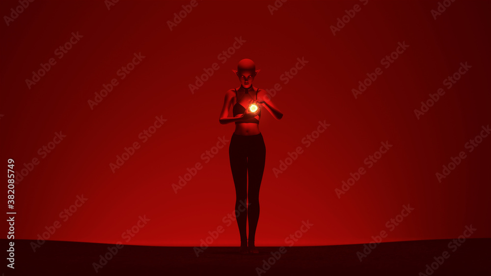 Red Demon Elf Imp Minion Helper with a Fiery Orb at the Gates of Hell ...