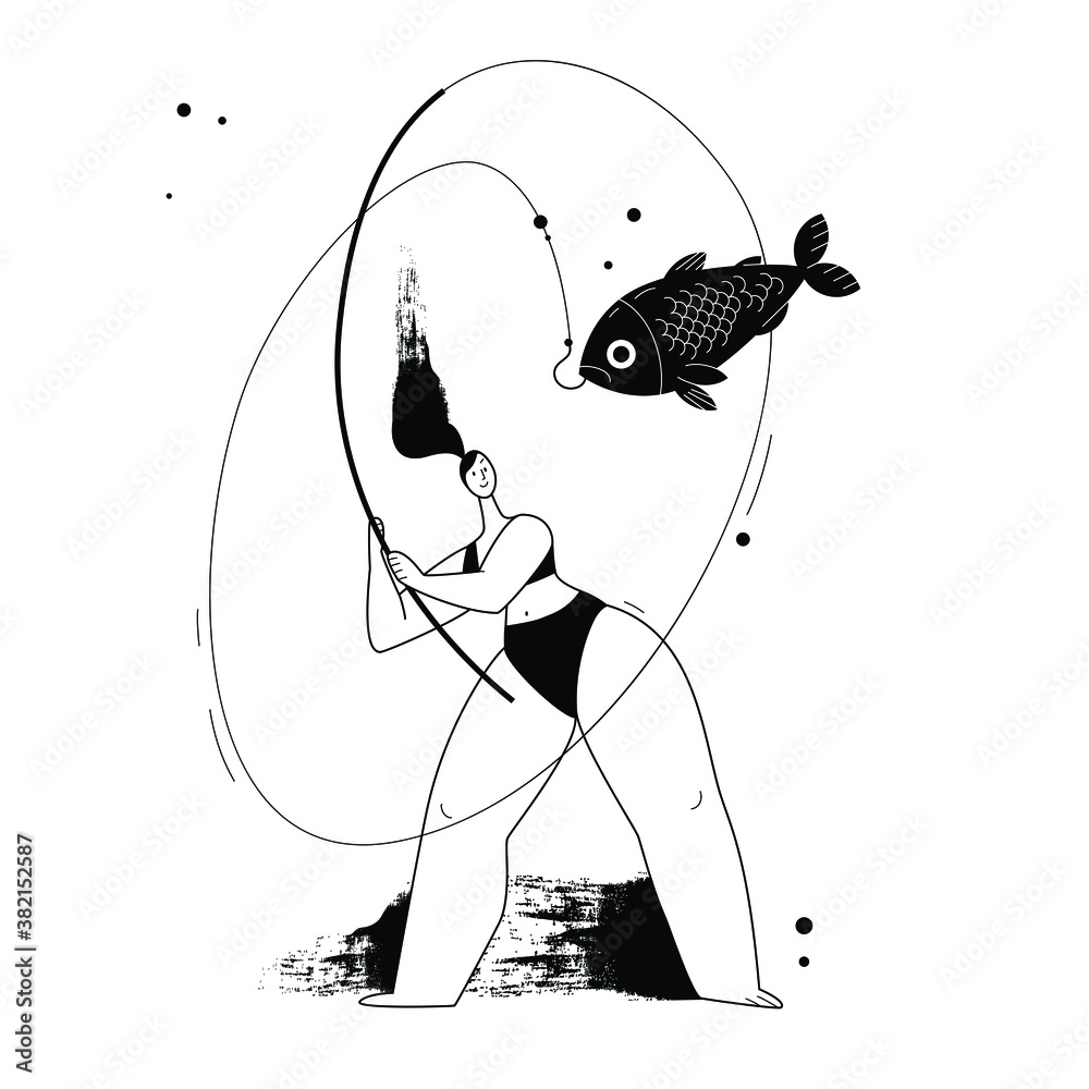 Pretty woman in bikini fishing. Girl with fishing rod catching fish ...