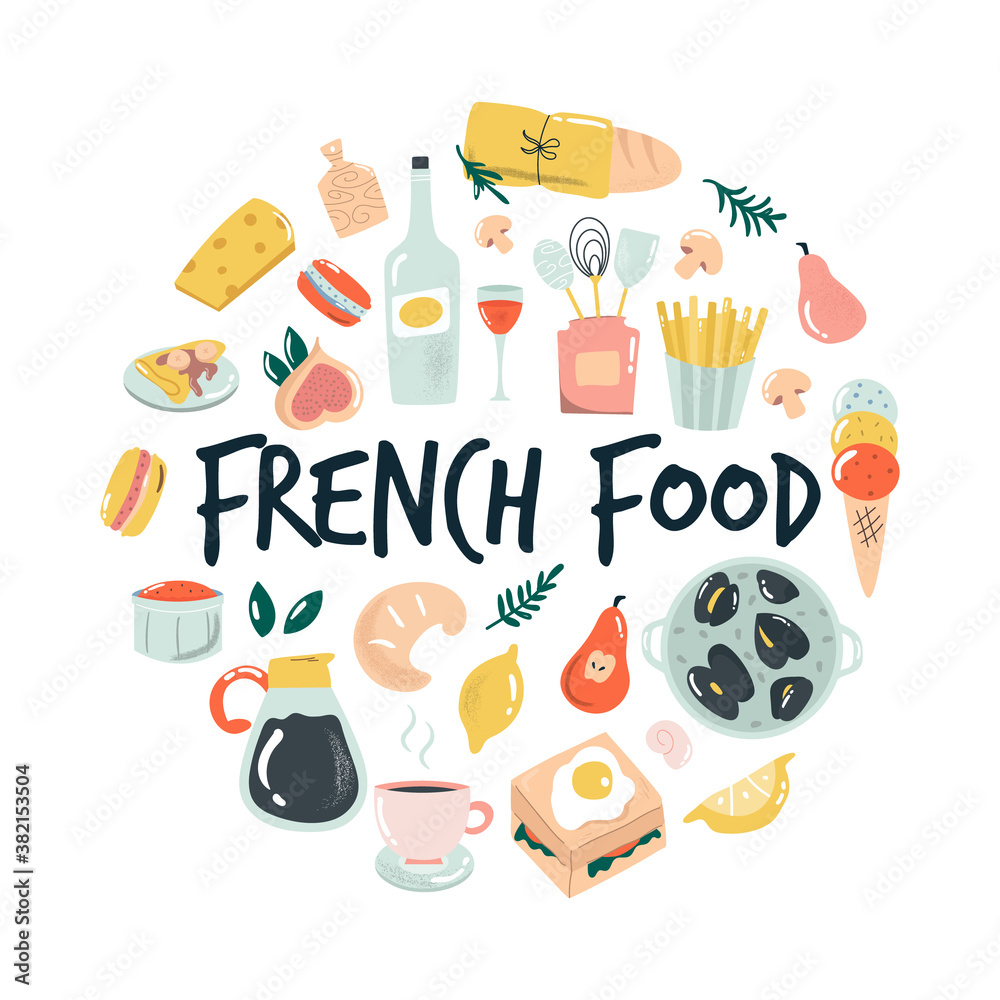 Hand drawn banner, background with French food. Delicious vector ...