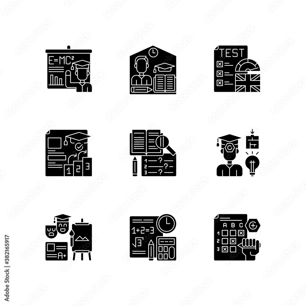 Examination types black glyph icons set on white space. Achievement ...