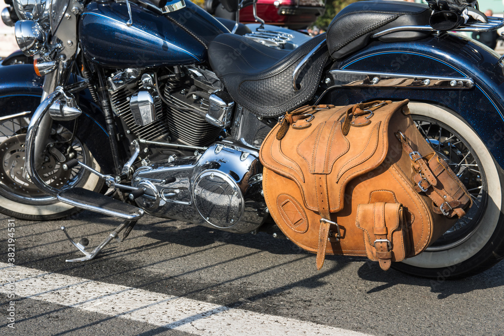 Great looking classic blue motorcycle with yellow leather saddlebags ...