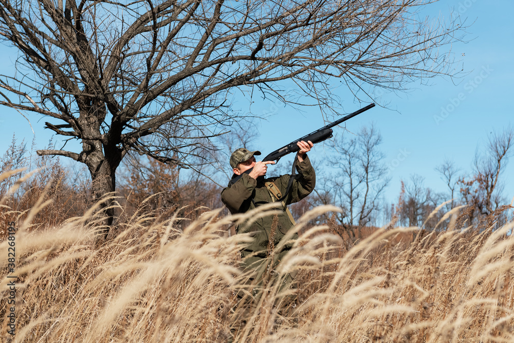 Huntsman shooting at birds near leafless tree Stock Photo | Adobe Stock