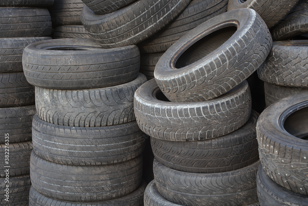 rubber recycling car tire old wheels waste stack Stock Photo | Adobe Stock