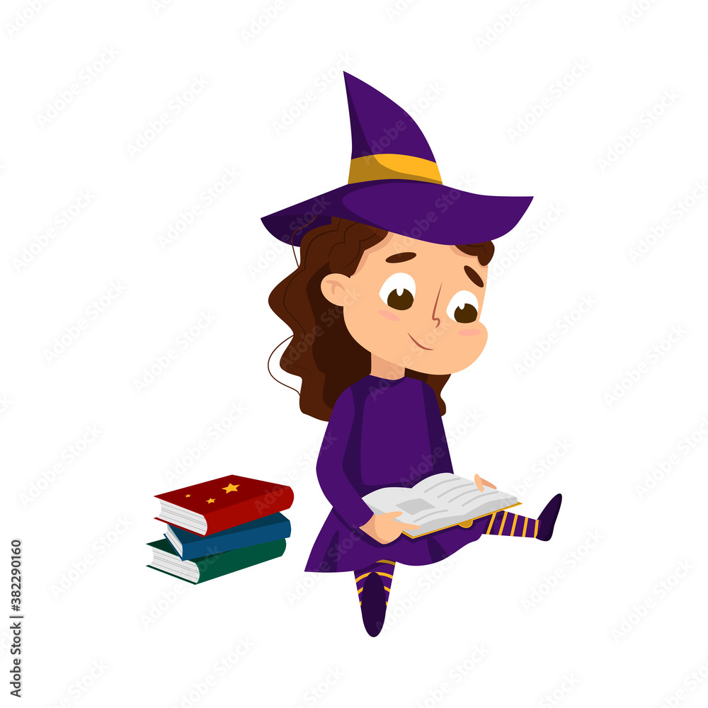 Little Witch Sitting oh Floor and Reading Book, Cute Girl Wearing ...