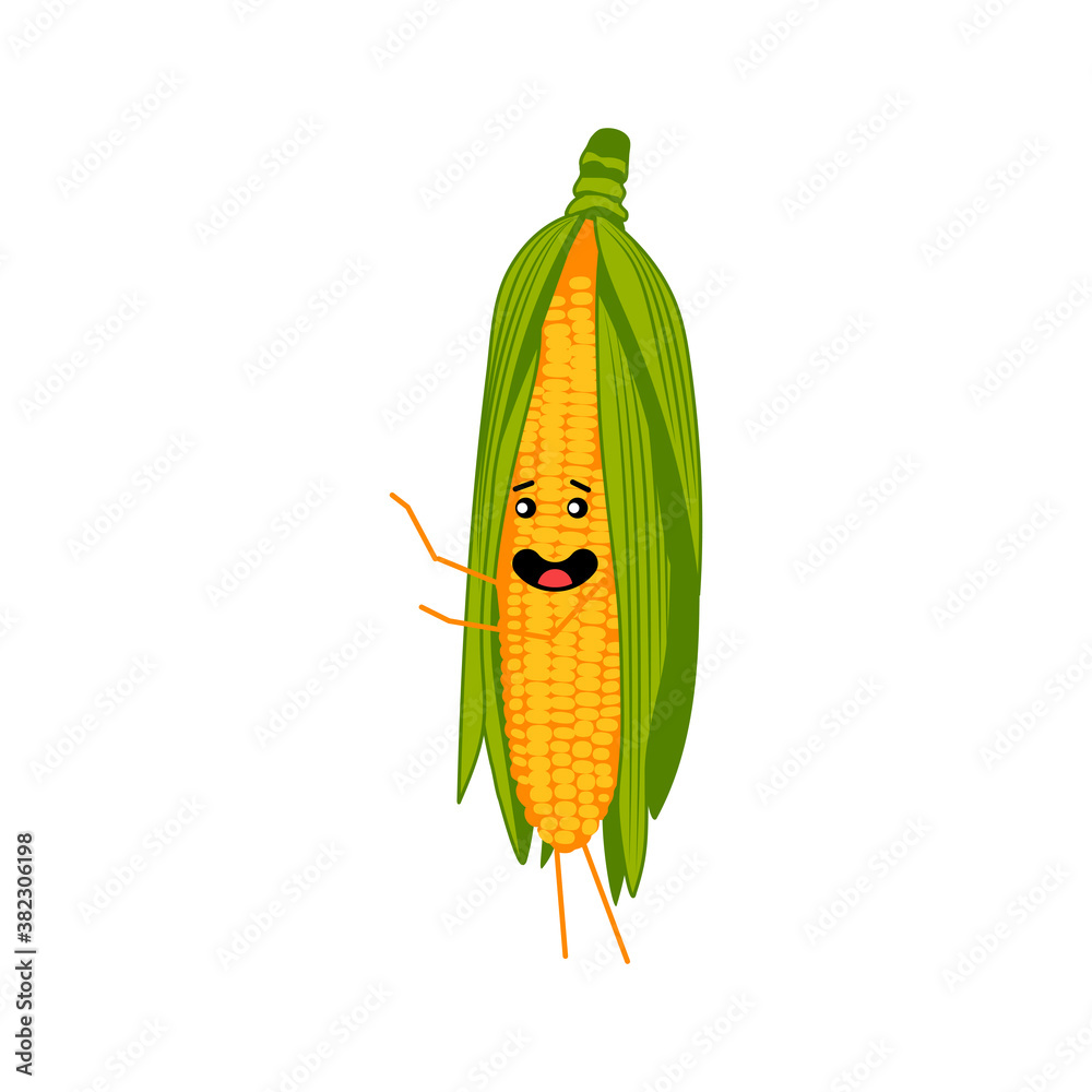 Cute corn cob cartoon character. Kawaii corncob vegetable with funny smiling face, arms and legs ...