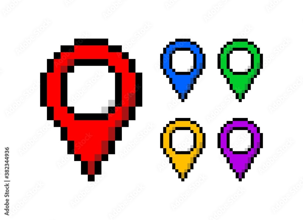 Pixel art 8-bit map pin, pointer, marker, destination, gps icon set ...