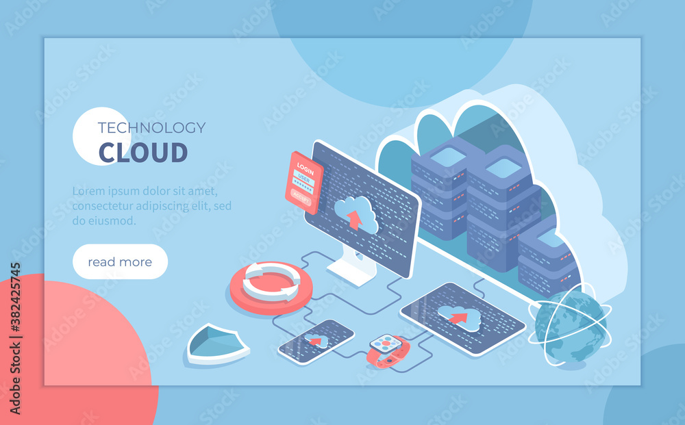 Cloud Technology. Big data processing center, cloud database, connecting information, storage ...
