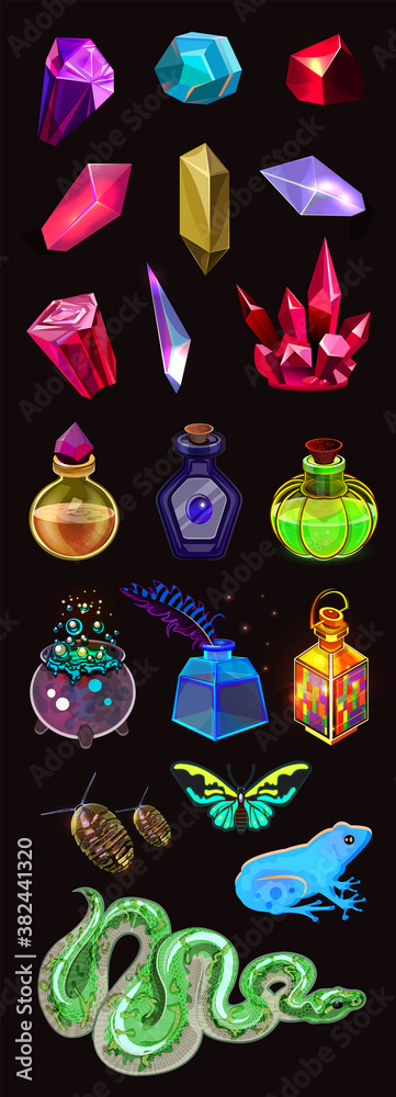 A set of isolated vector objects for a computer game. Bottles, potions ...