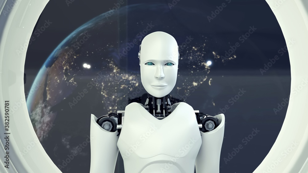Futuristic robot, artificial intelligence CGI inside spaceship in space ...