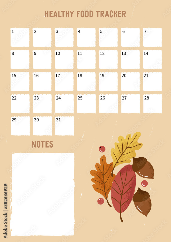 Cute vector healthy food tracker with month grid and place for notes ...