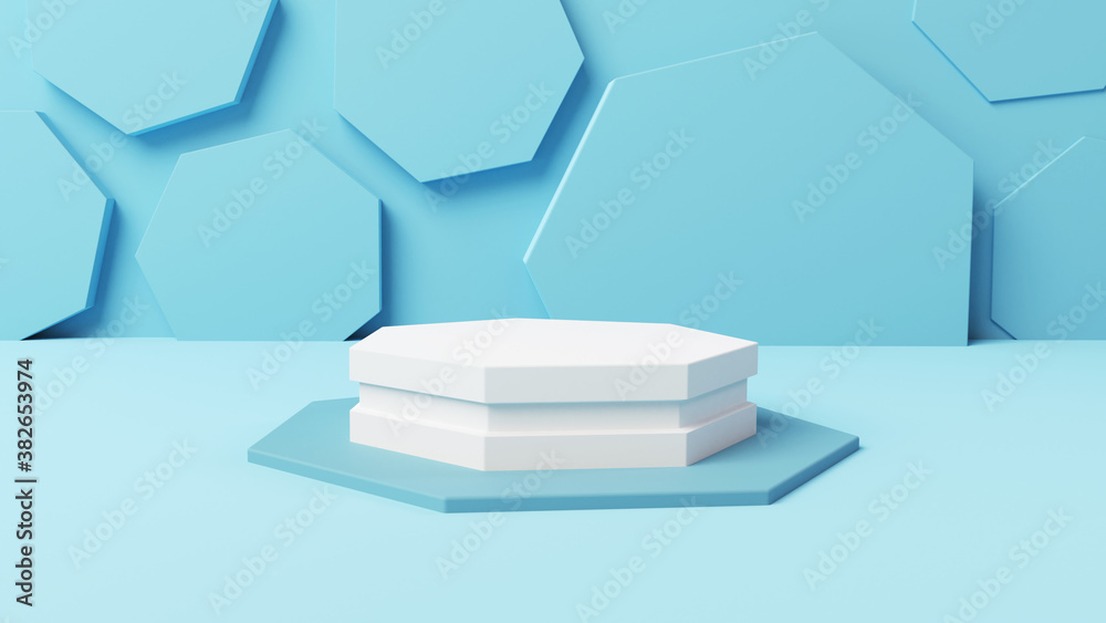 mockup white single pentagonal display with soft blue abstract ...