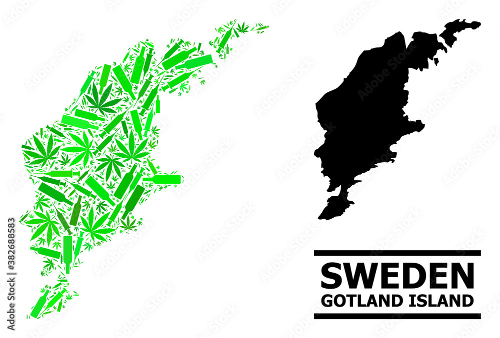 Drugs mosaic and solid map of Gotland Island. Vector map of Gotland ...